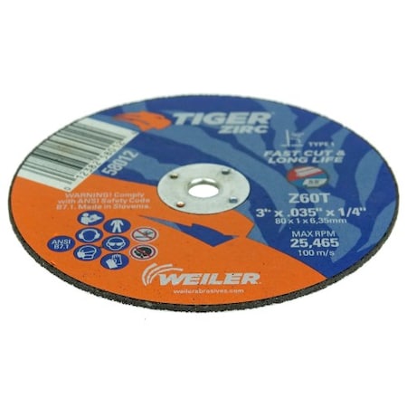 Weiler Type 1, 3 in Dia, 0.035 in Thick, Zirconia Alumina, 60 Grit 58012 | Zoro